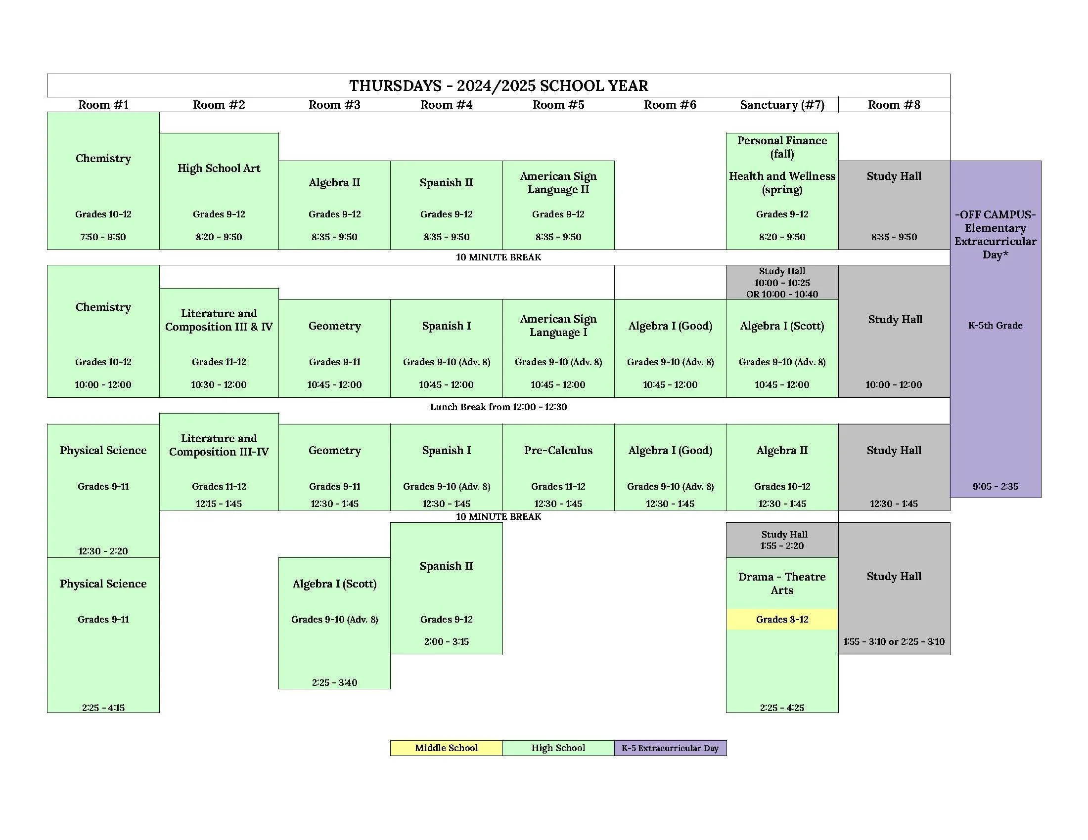 Grid of Classes Each Day — HILGER HIGHER LEARNING