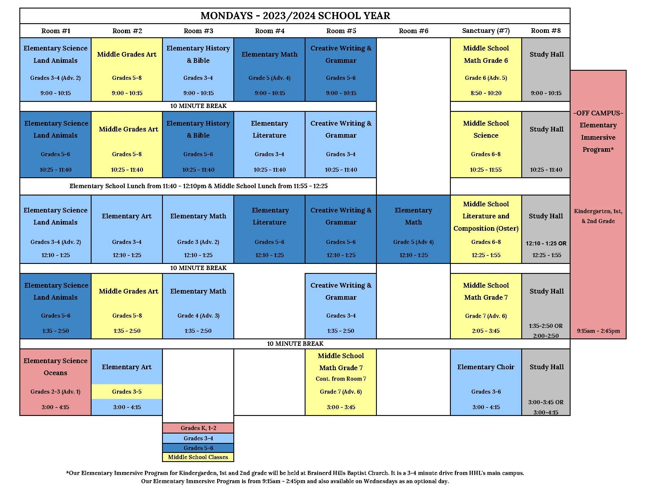 Grid of Classes Each Day — HILGER HIGHER LEARNING