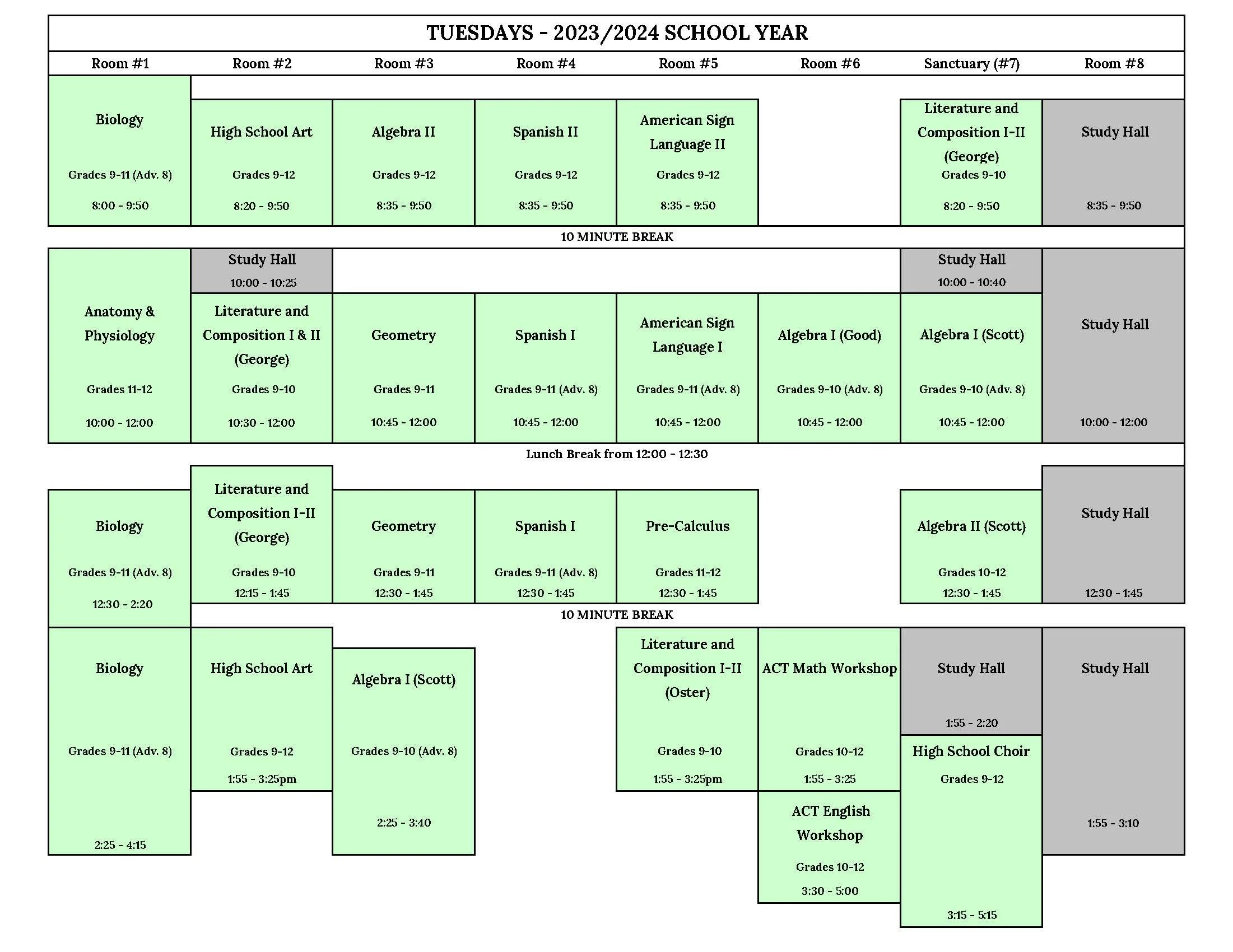 Grid of Classes Each Day — HILGER HIGHER LEARNING