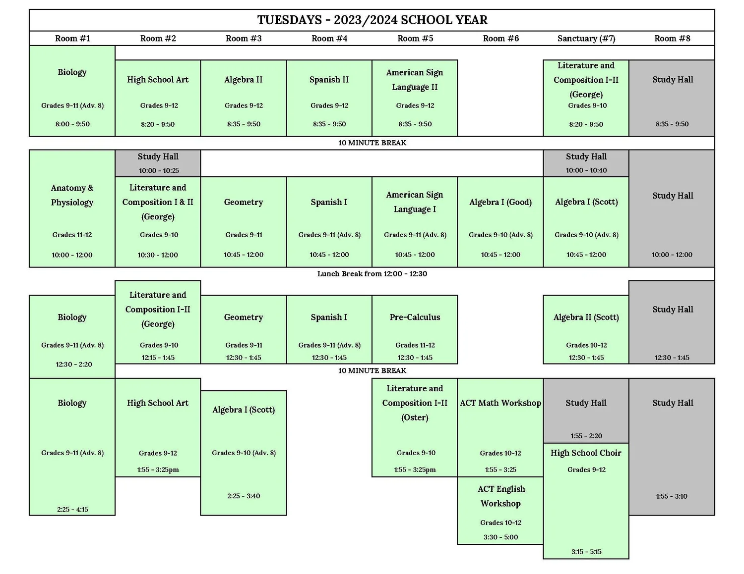 Grid of Classes Each Day — HILGER HIGHER LEARNING