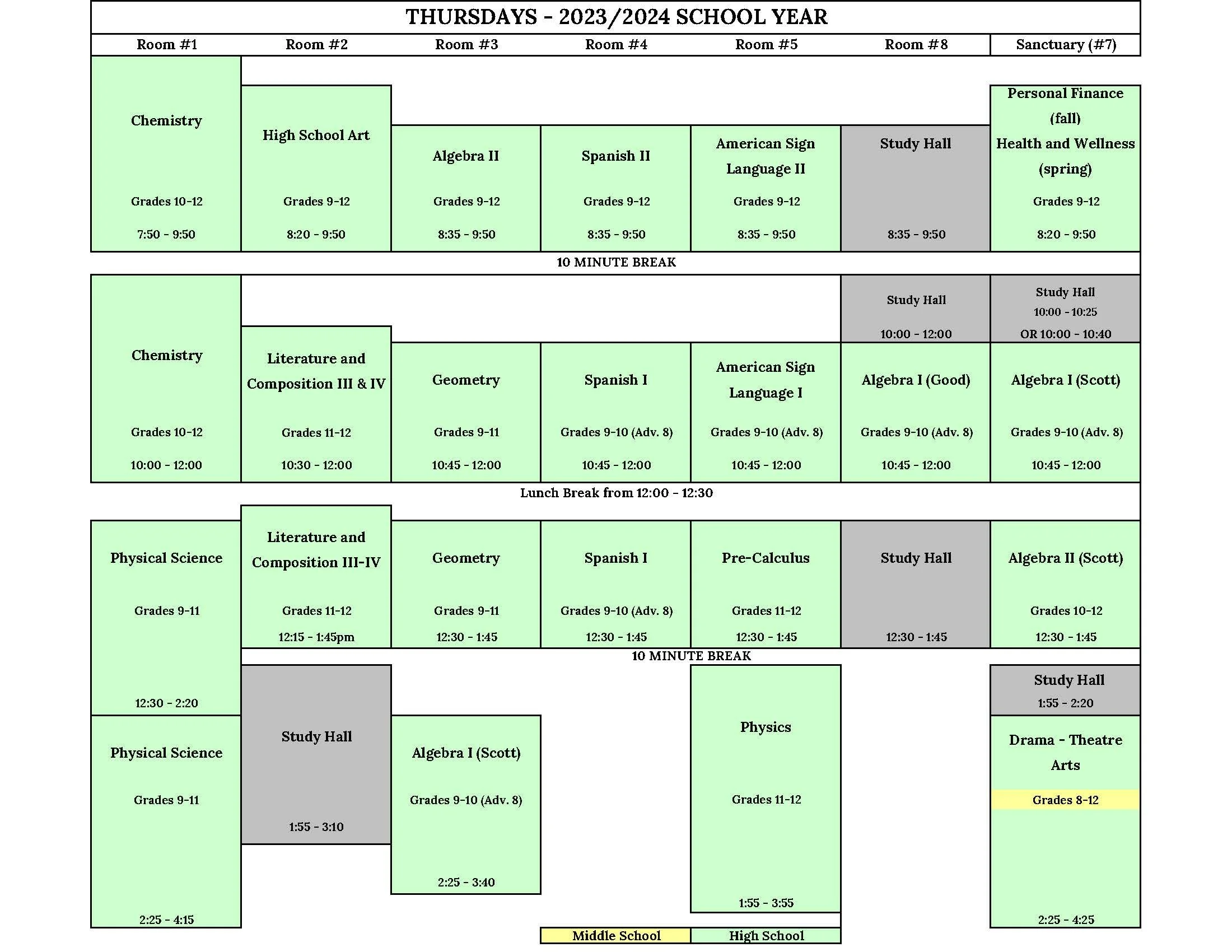 Grid of Classes Each Day — HILGER HIGHER LEARNING