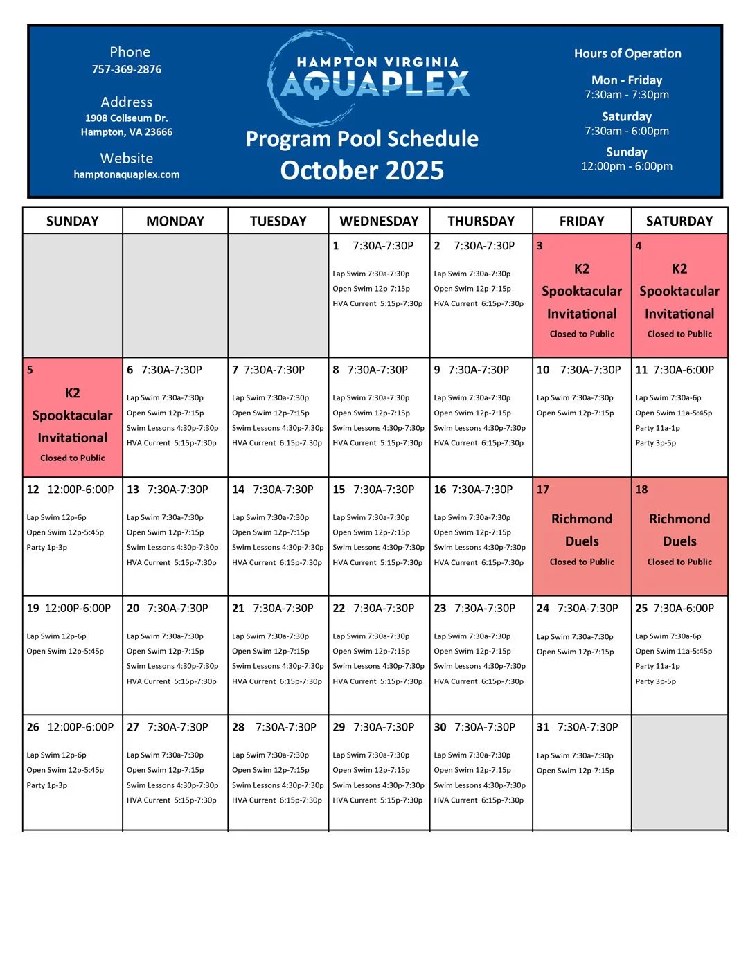 Weekly Pool Schedule — Hampton Aquaplex