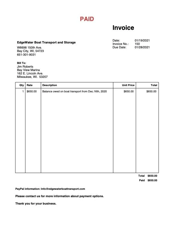 Invoice # 150 — EdgeWater Marine Services