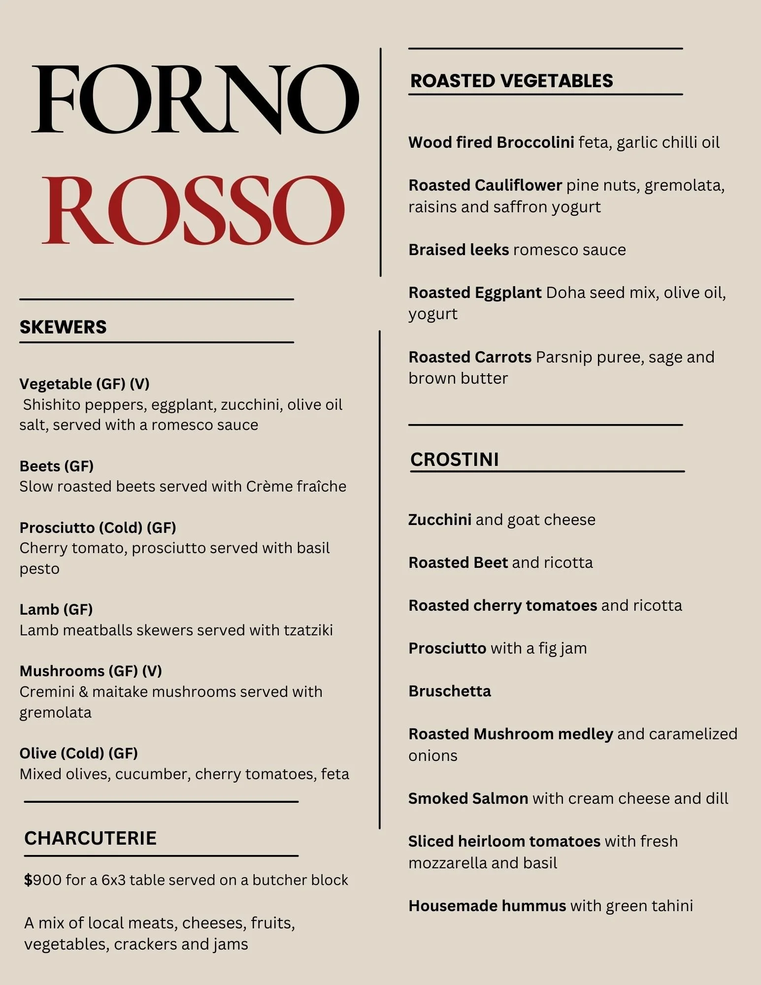 Catering Menu — Forno Rosso