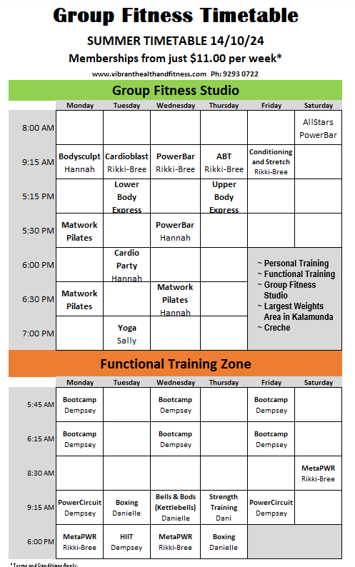 TimeTable — Vibrant Health and Fitness