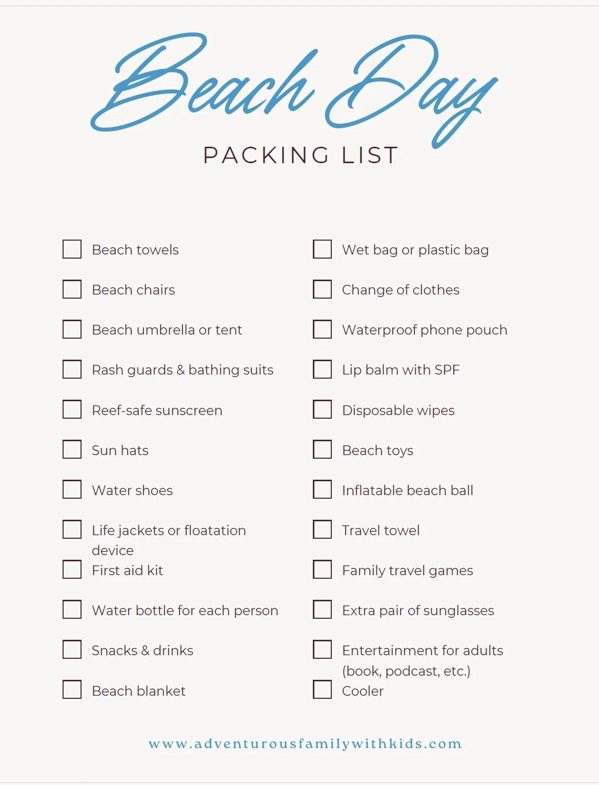 Family Vacation Beach Packing List: Printable — Adventurous Family with ...