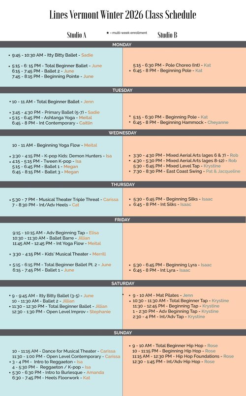 Schedule at a Glance | Discover Classes Today - Enroll Now — Lines Vermont