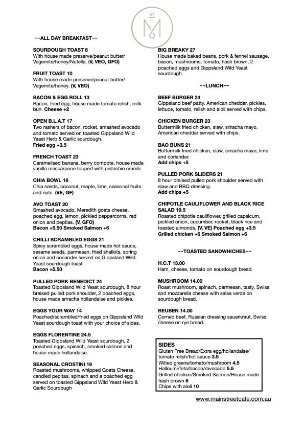 Menu — Mainstreet Cafe