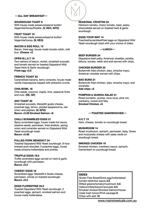 Menu Mainstreet Cafe Menu Mainstreet Cafe