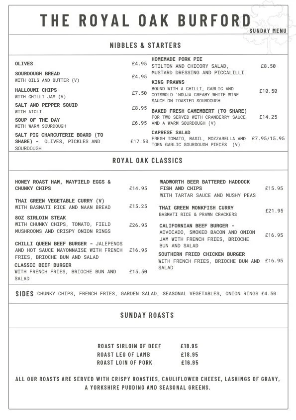 Summer menu — The Royal Oak