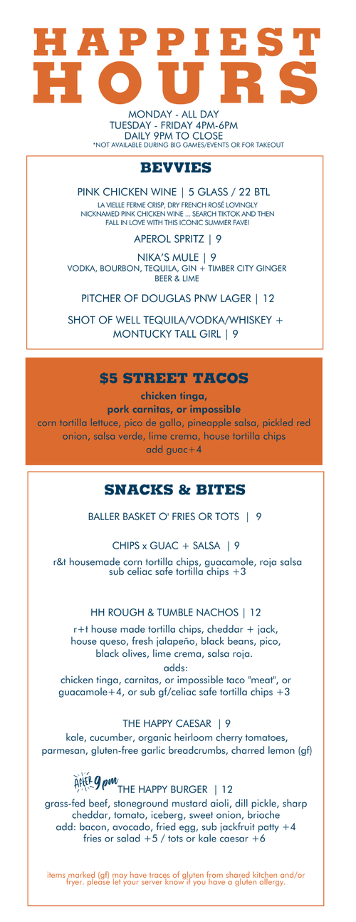 Brunch, Happy Hour, Late Night, Dinner & Drink Menus — Rough & Tumble