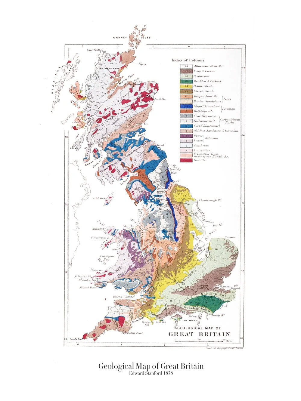 Print of Bacons' Geological Map of Wales from circa 1900 — Coast and Wild
