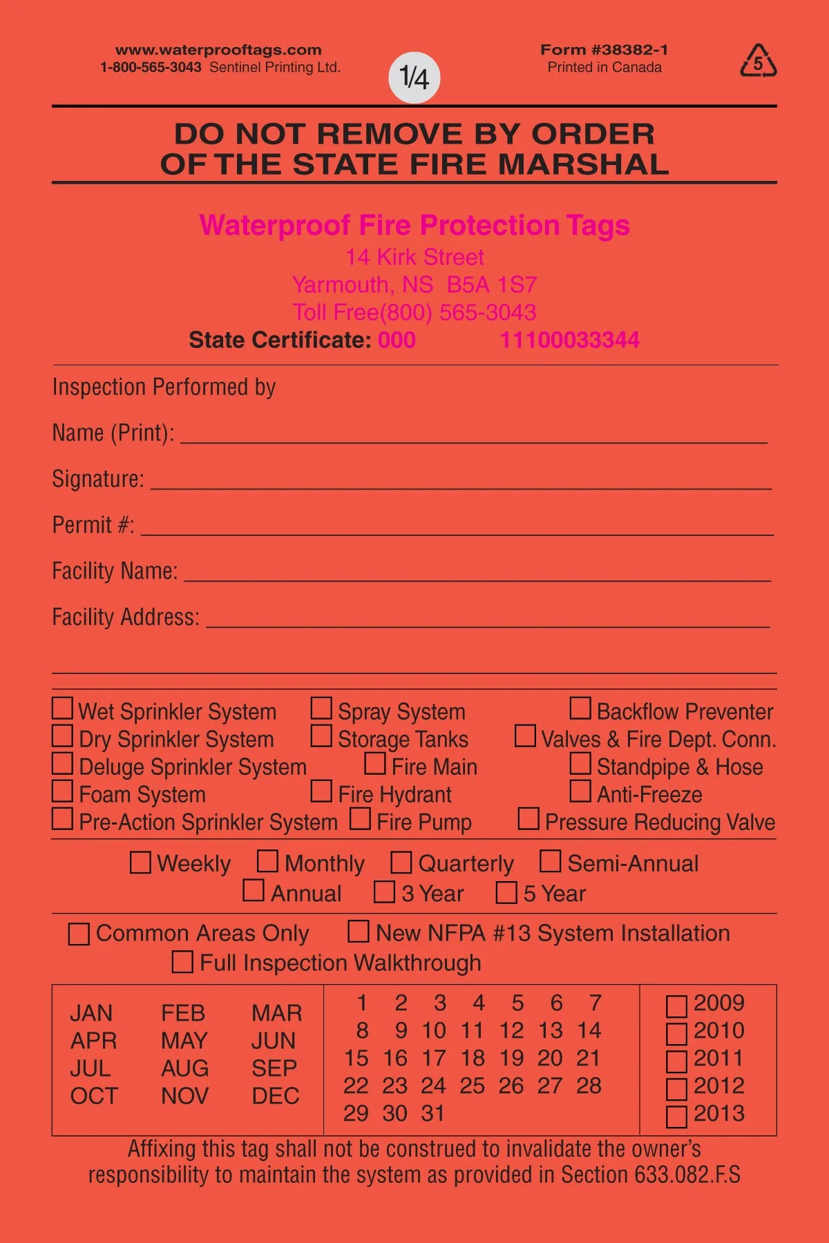 Florida Fire Sprinkler Inspection Tags — Waterproof Tags