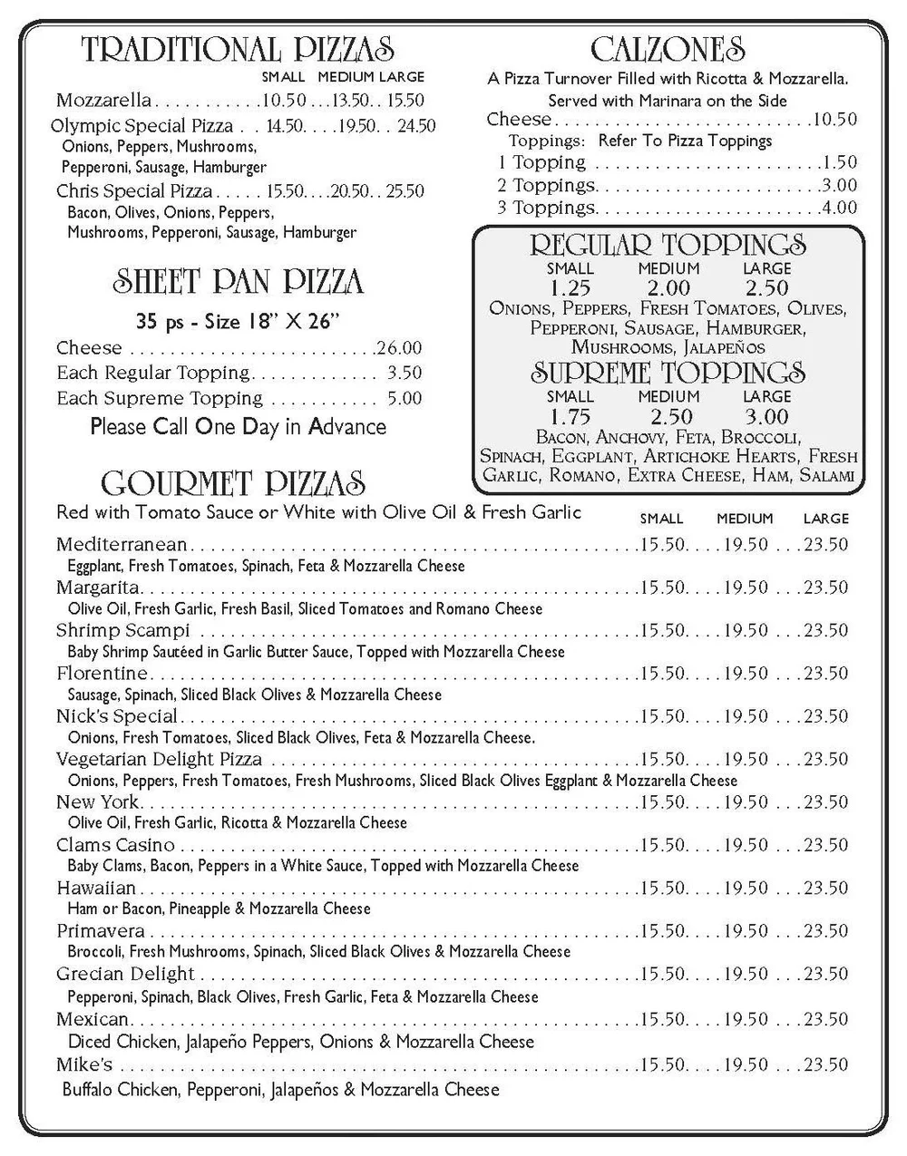 Menu — Olympic Pizza Restaurant