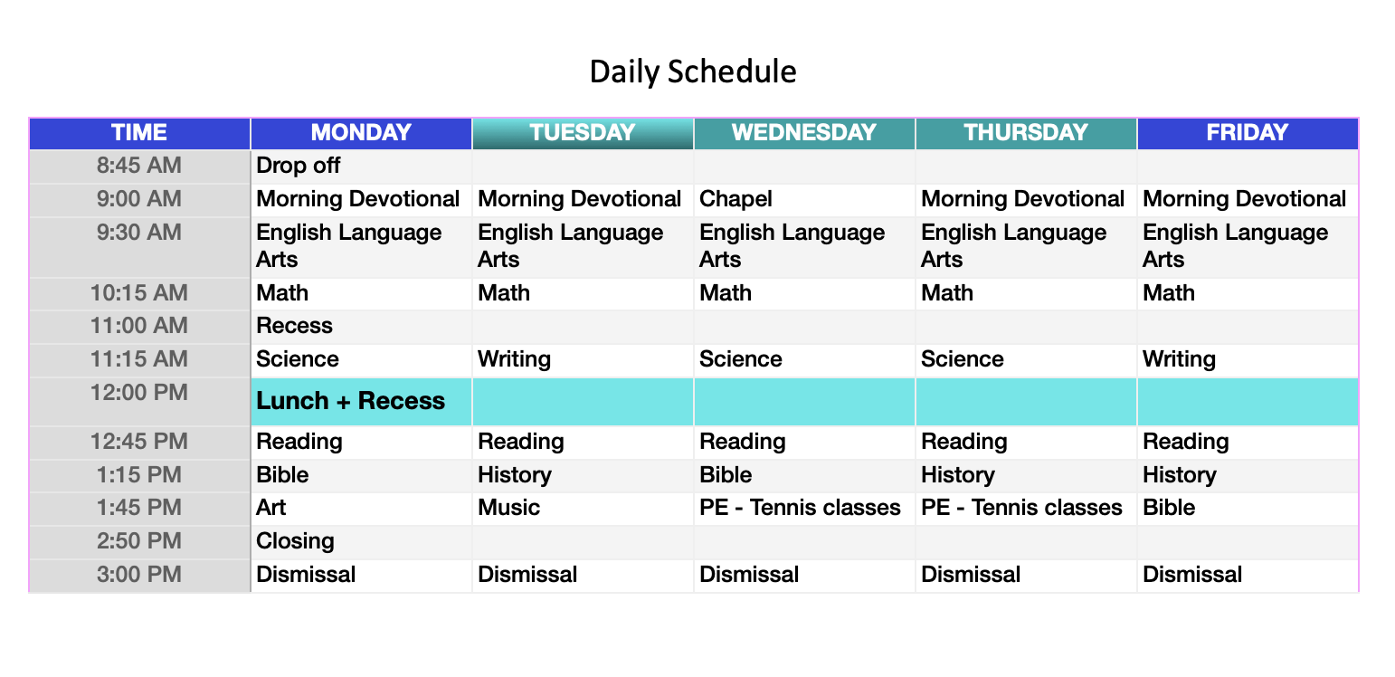 What does the school day look like? — Capitol Hill Christian Academy