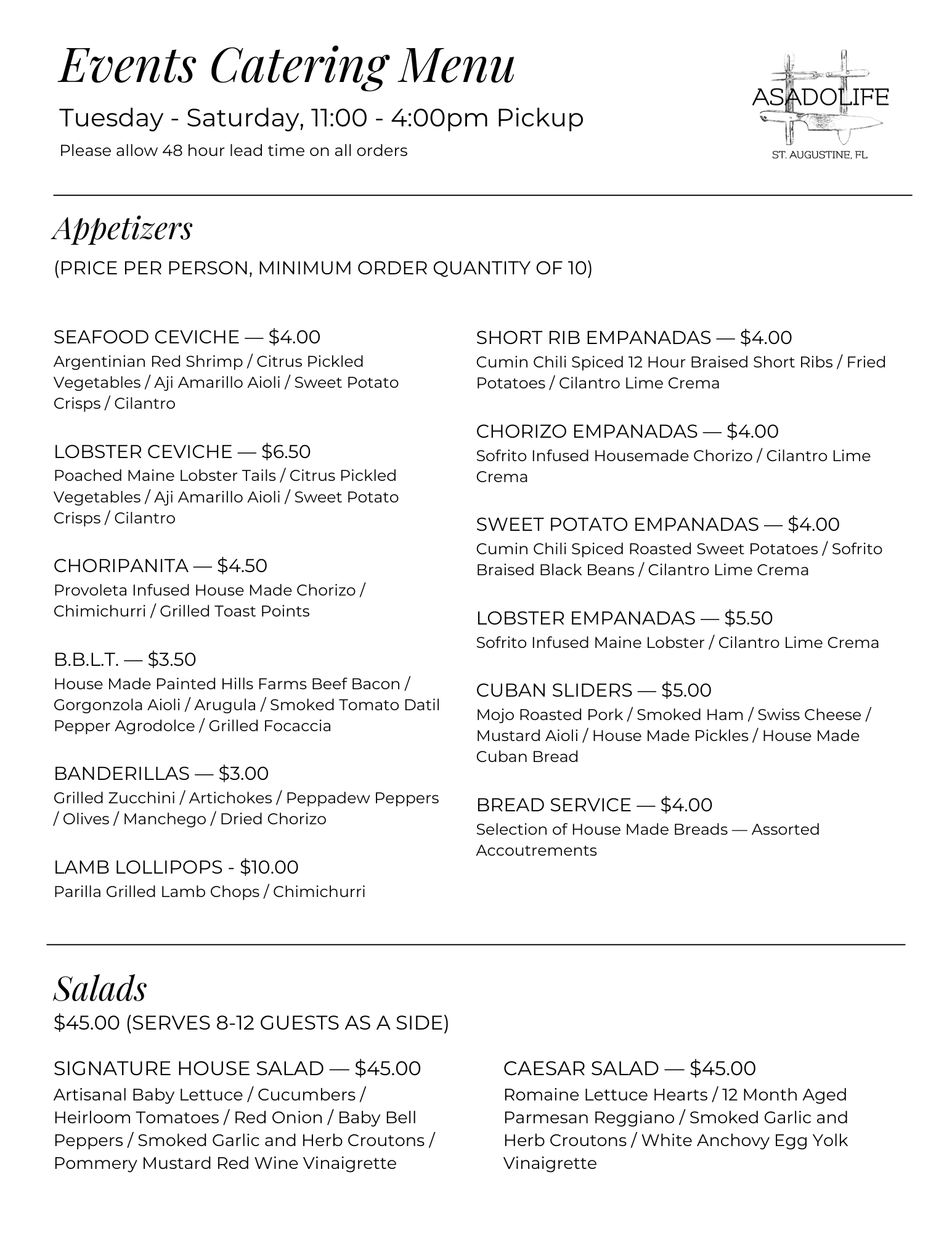 Catering Menus — ASADO LIFE