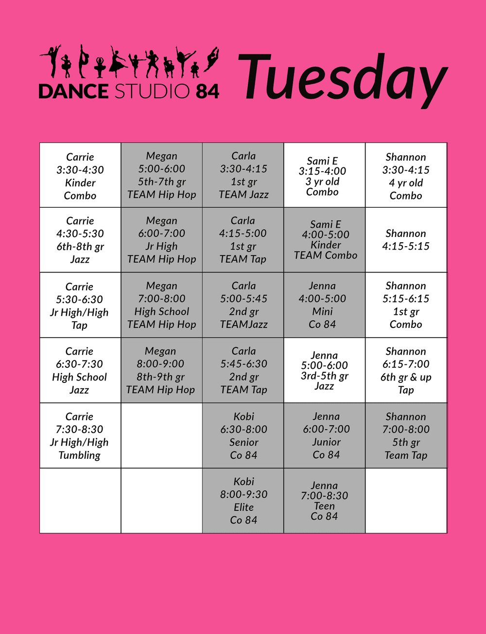 Class Schedule — Dance Studio 84
