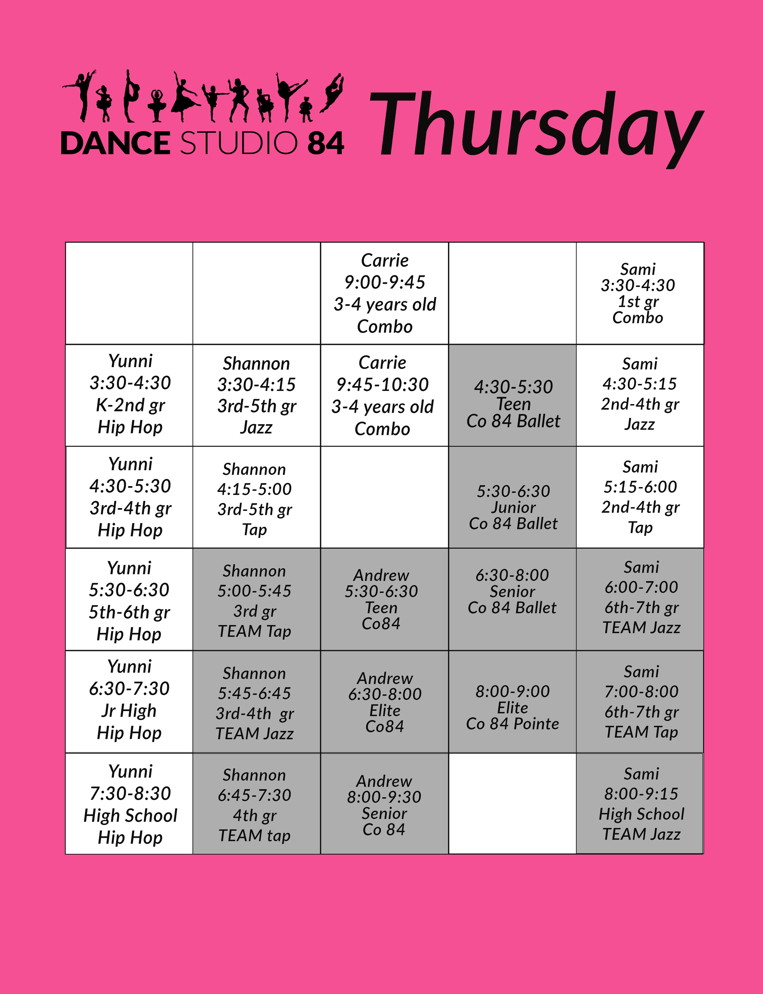 Class Schedule — Dance Studio 84