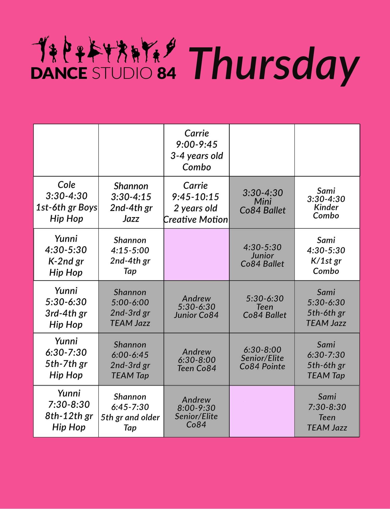 Class Schedule — Dance Studio 84