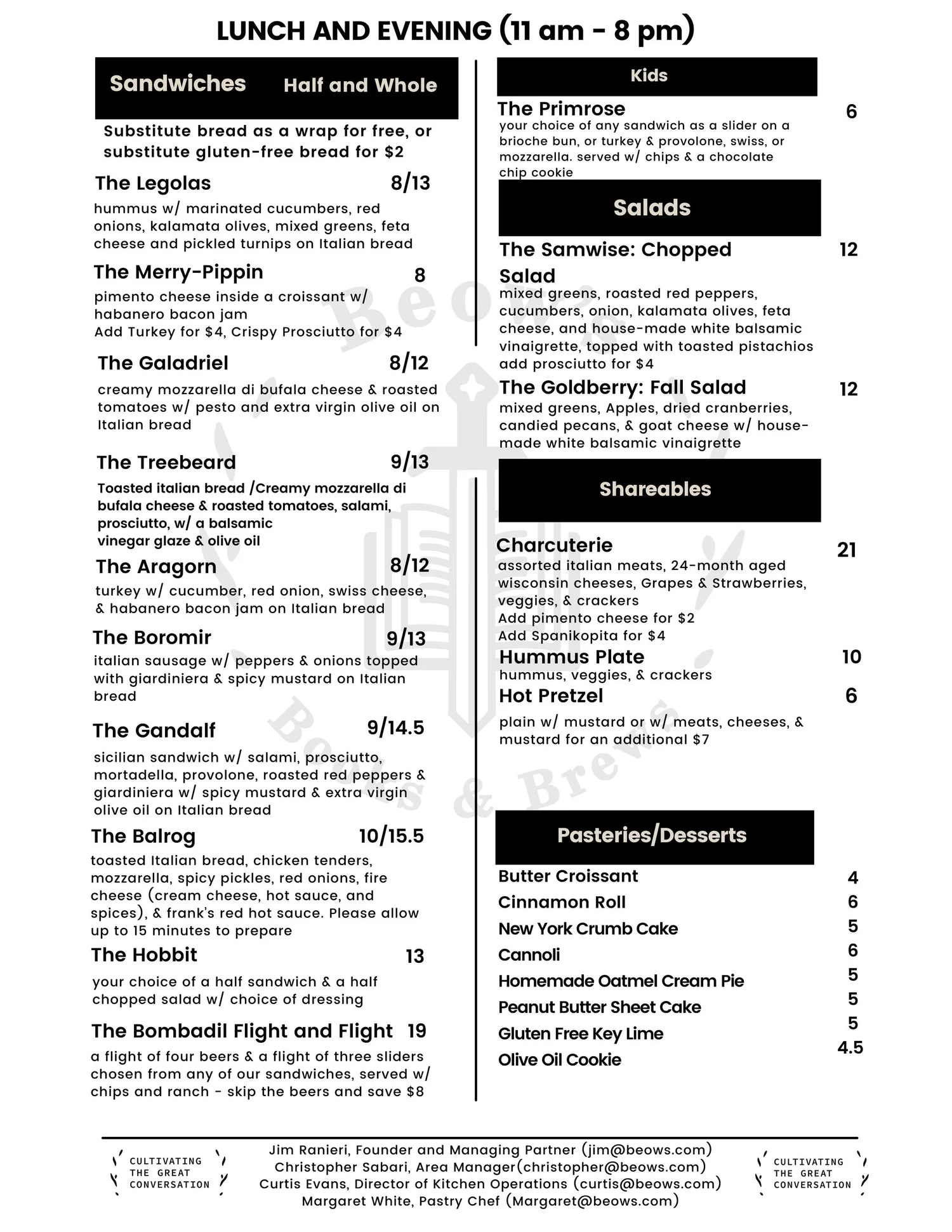 Food Menu — Beow's Books & Brews