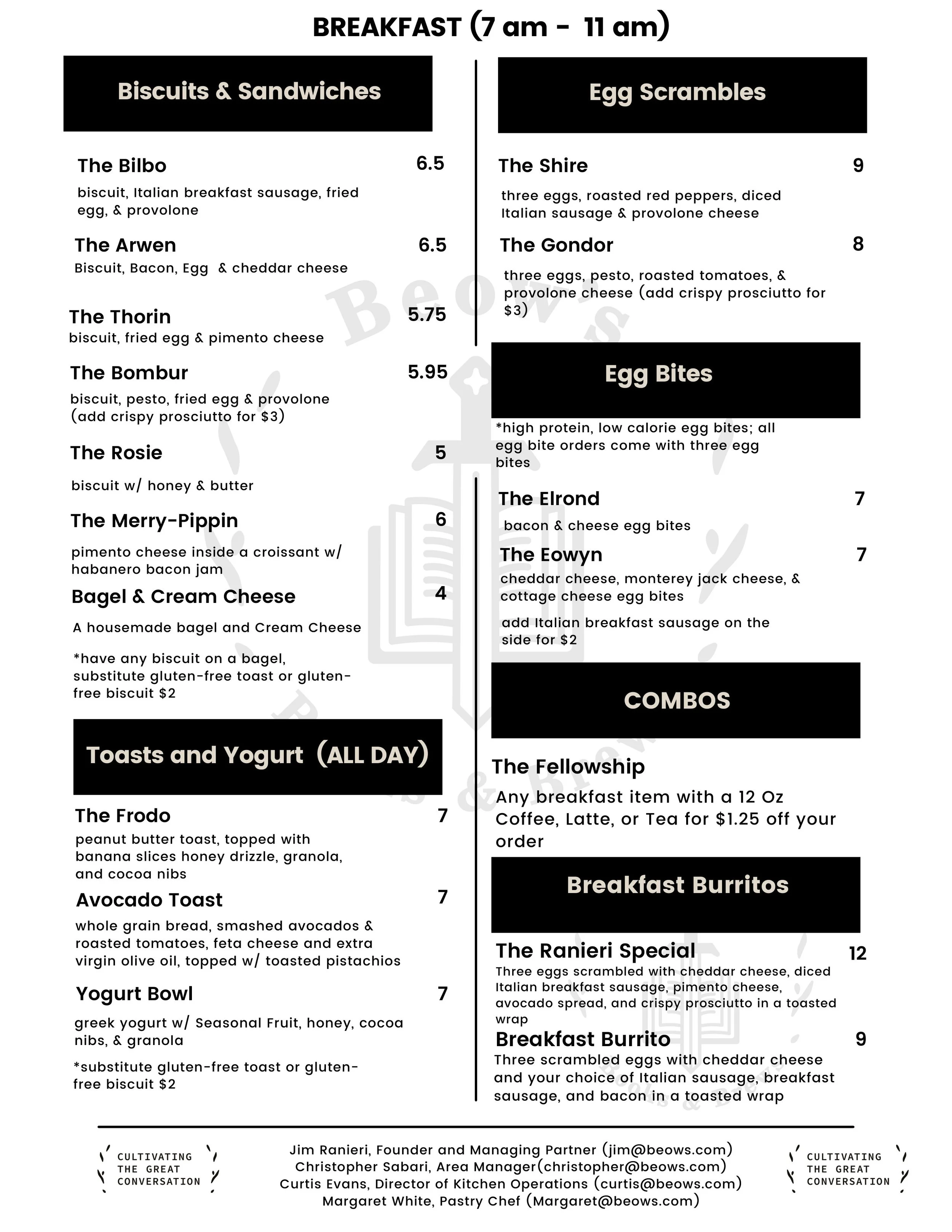 Food Menu — Beow's Books & Brews