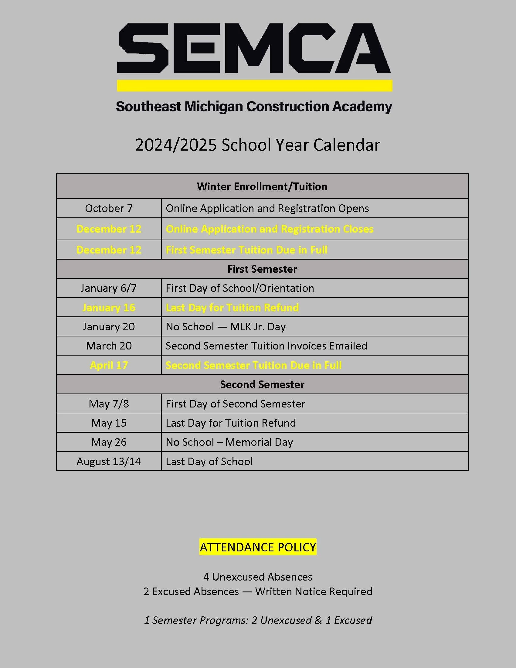 School Calendar — SEMCA