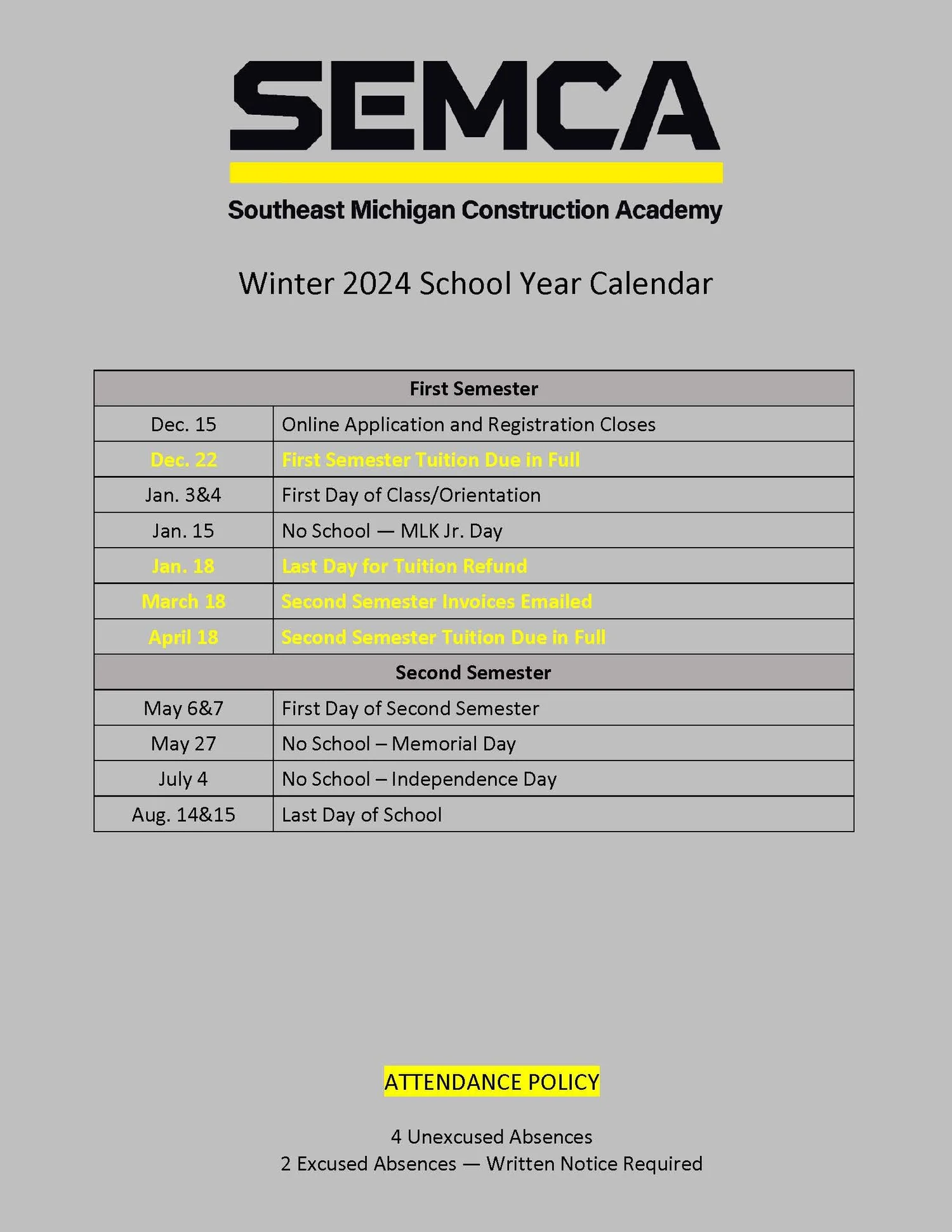 School Calendar — SEMCA