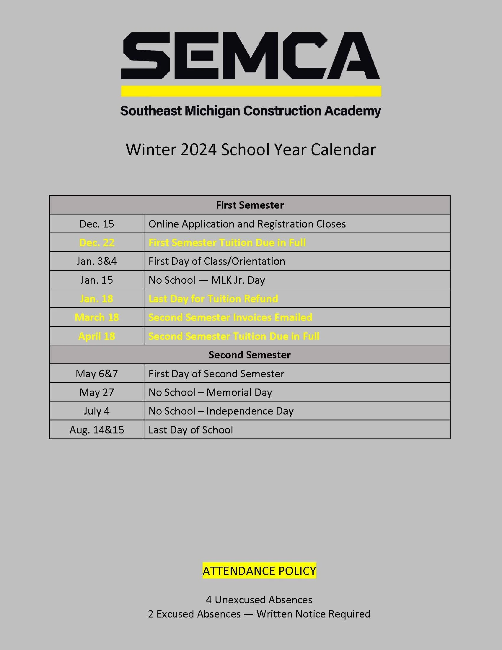 School Calendar — SEMCA