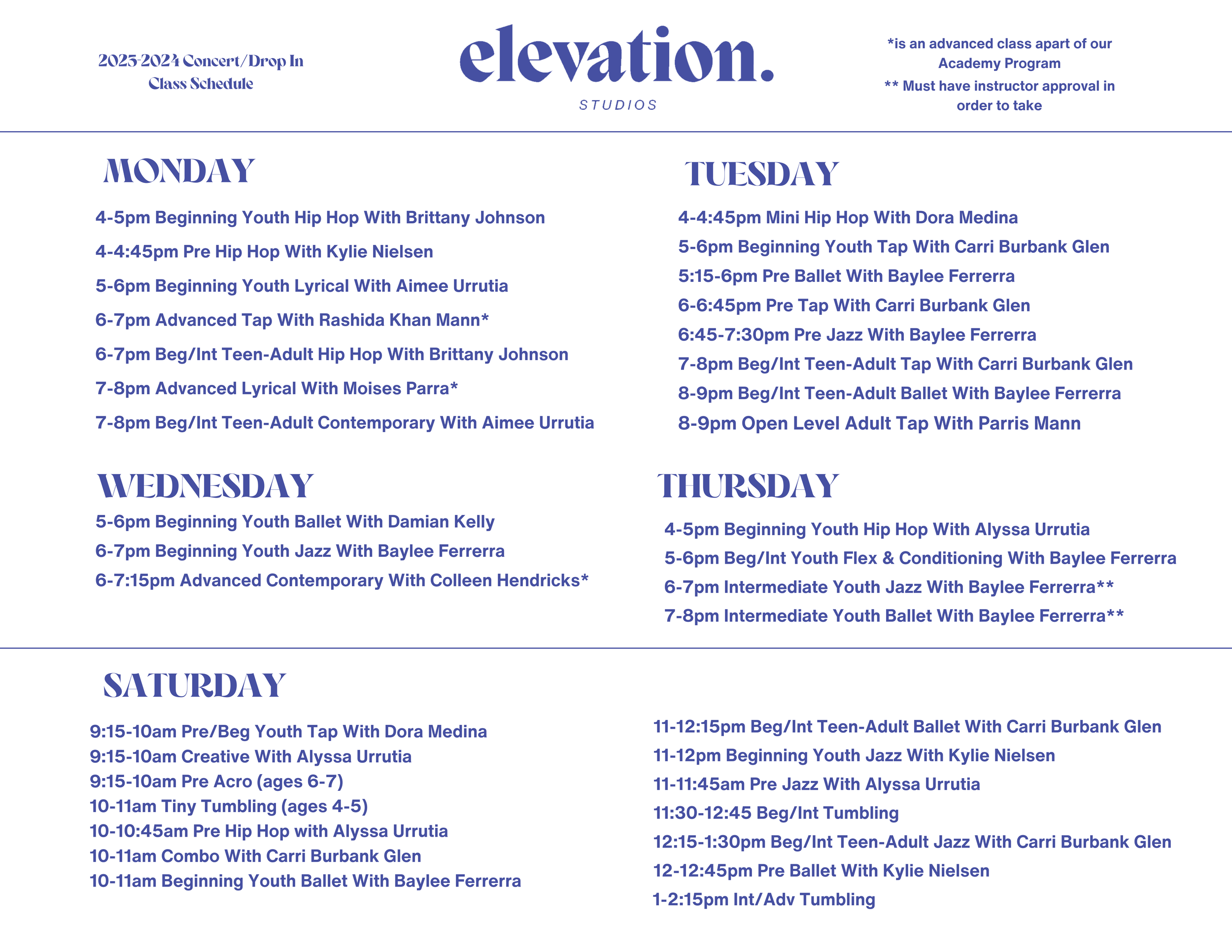 Class Schedule — Elevation Studios