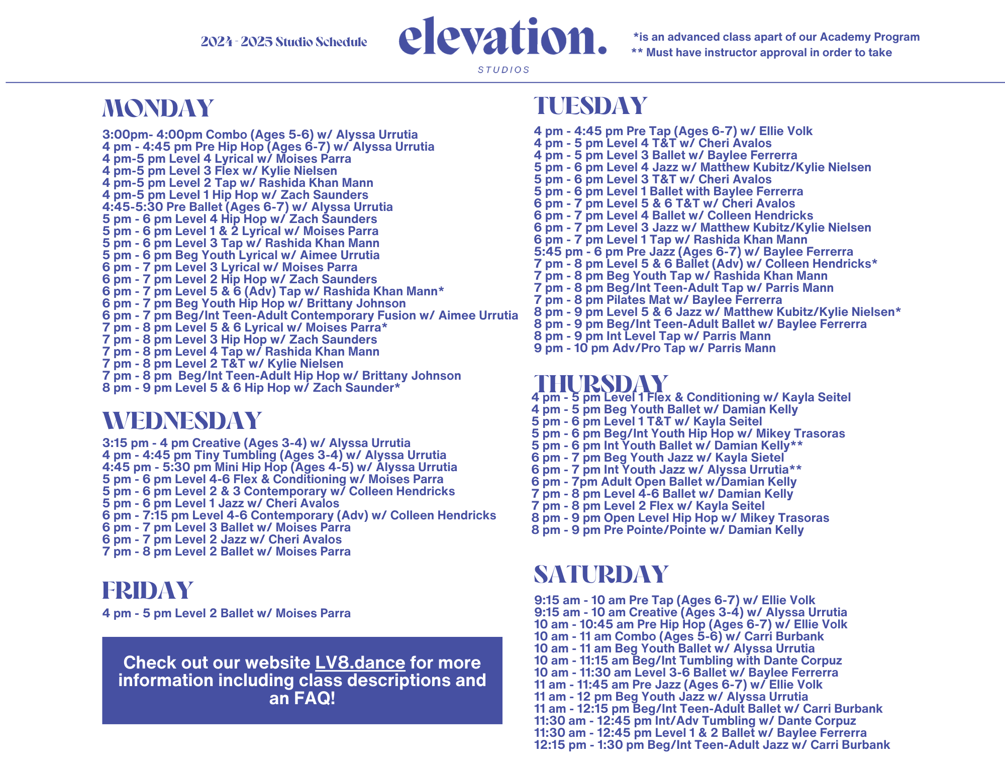 Class Schedule — Elevation Studios