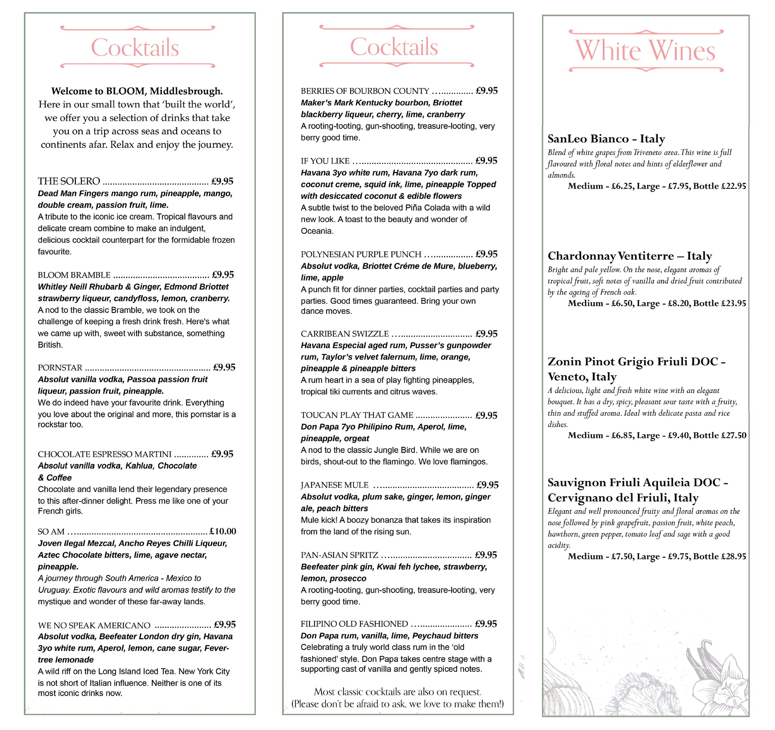 Drinks Menu — Bloom