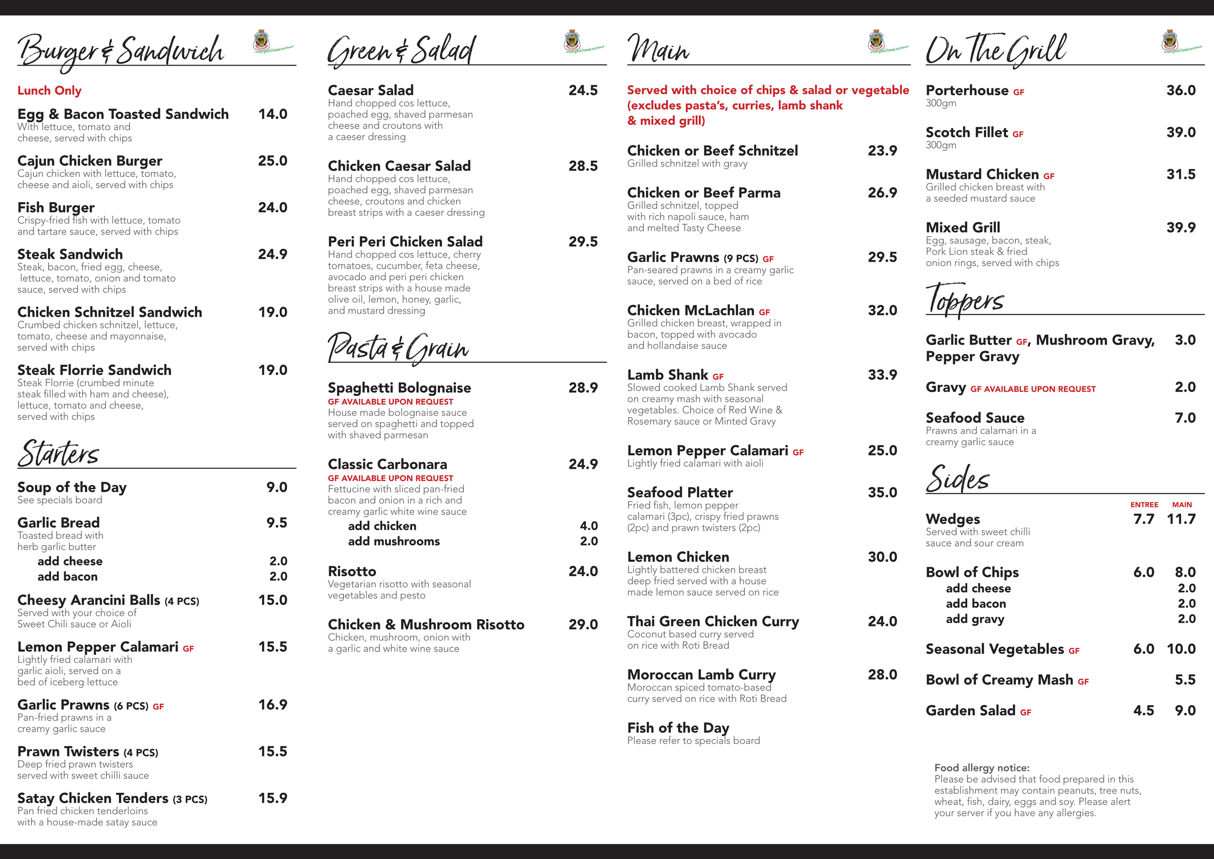 Menu — Horsham RSL