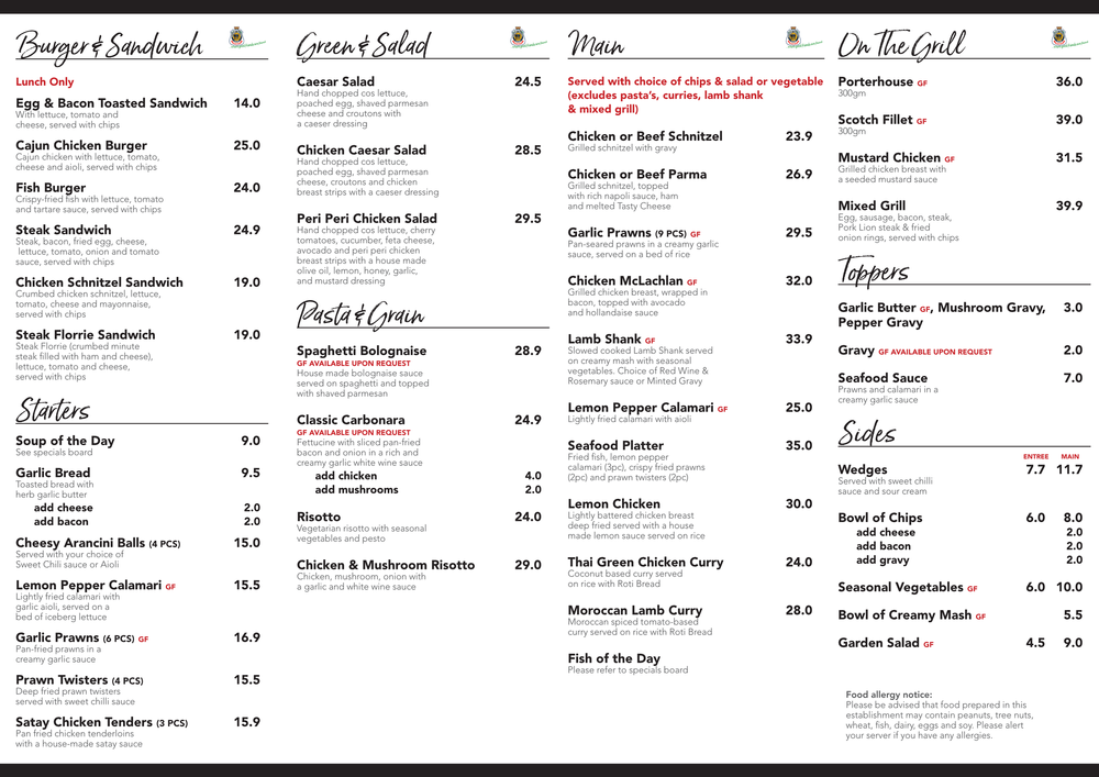 Menu — Horsham RSL