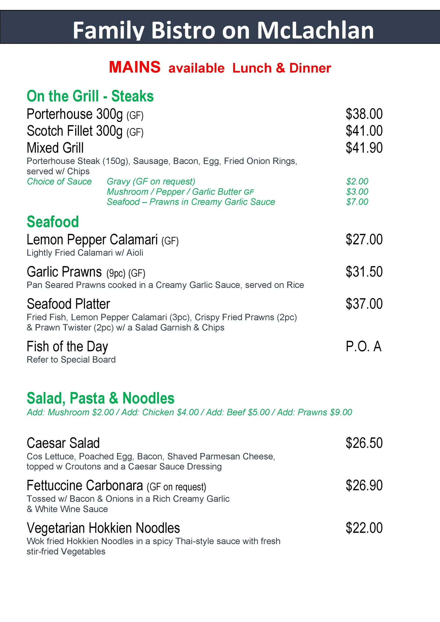 Menu — Horsham RSL