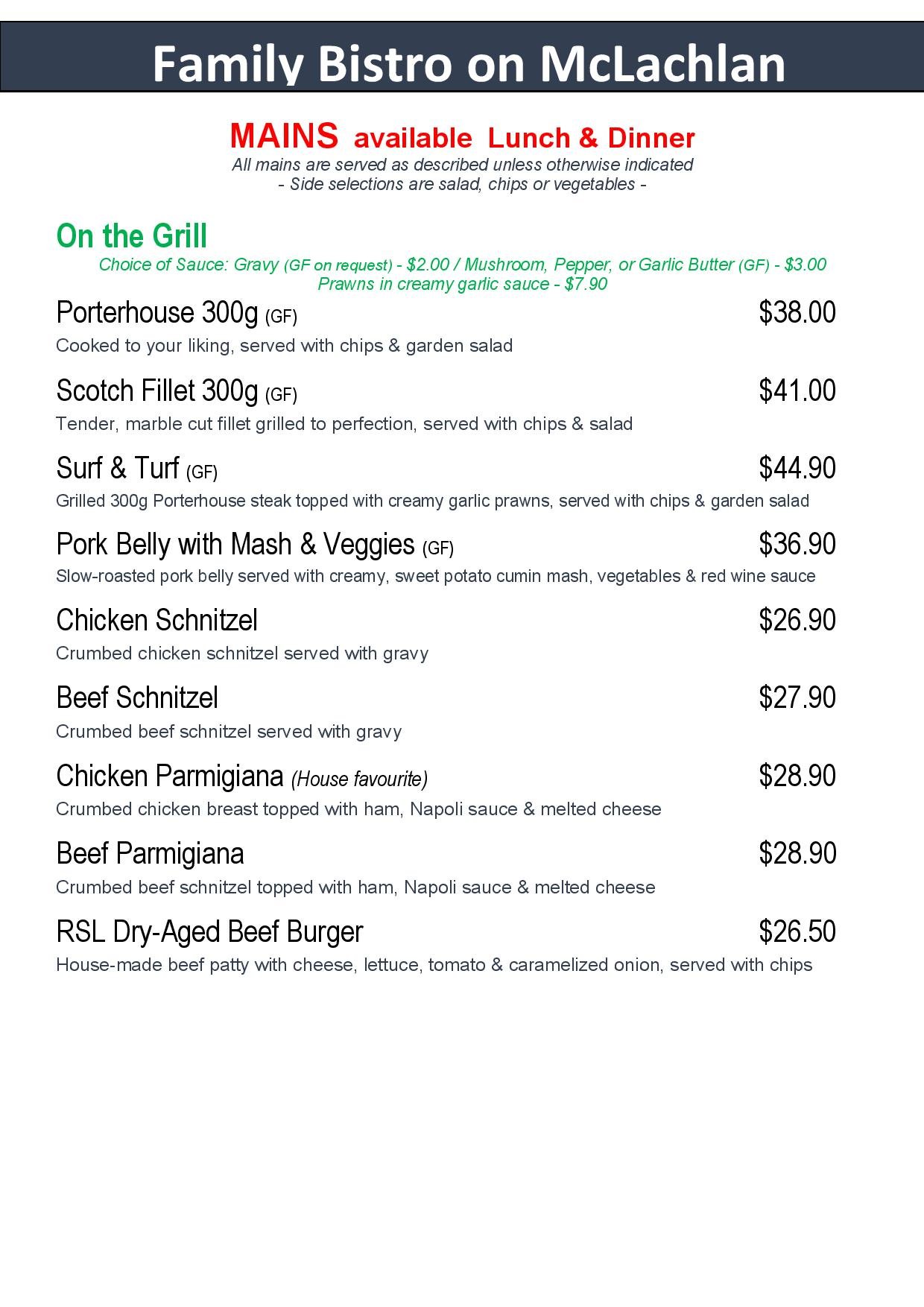 Menu — Horsham RSL