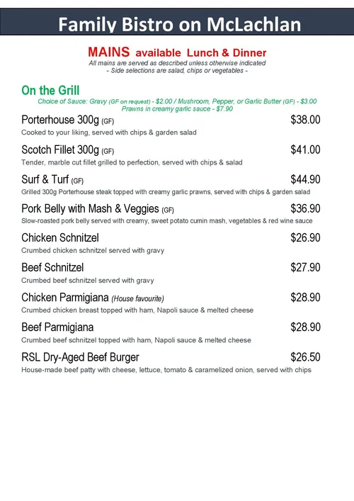 Menu — Horsham RSL