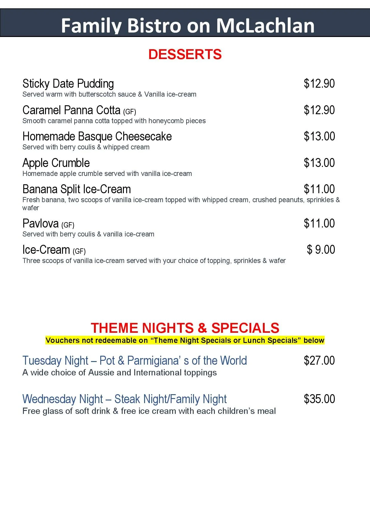 Menu — Horsham RSL
