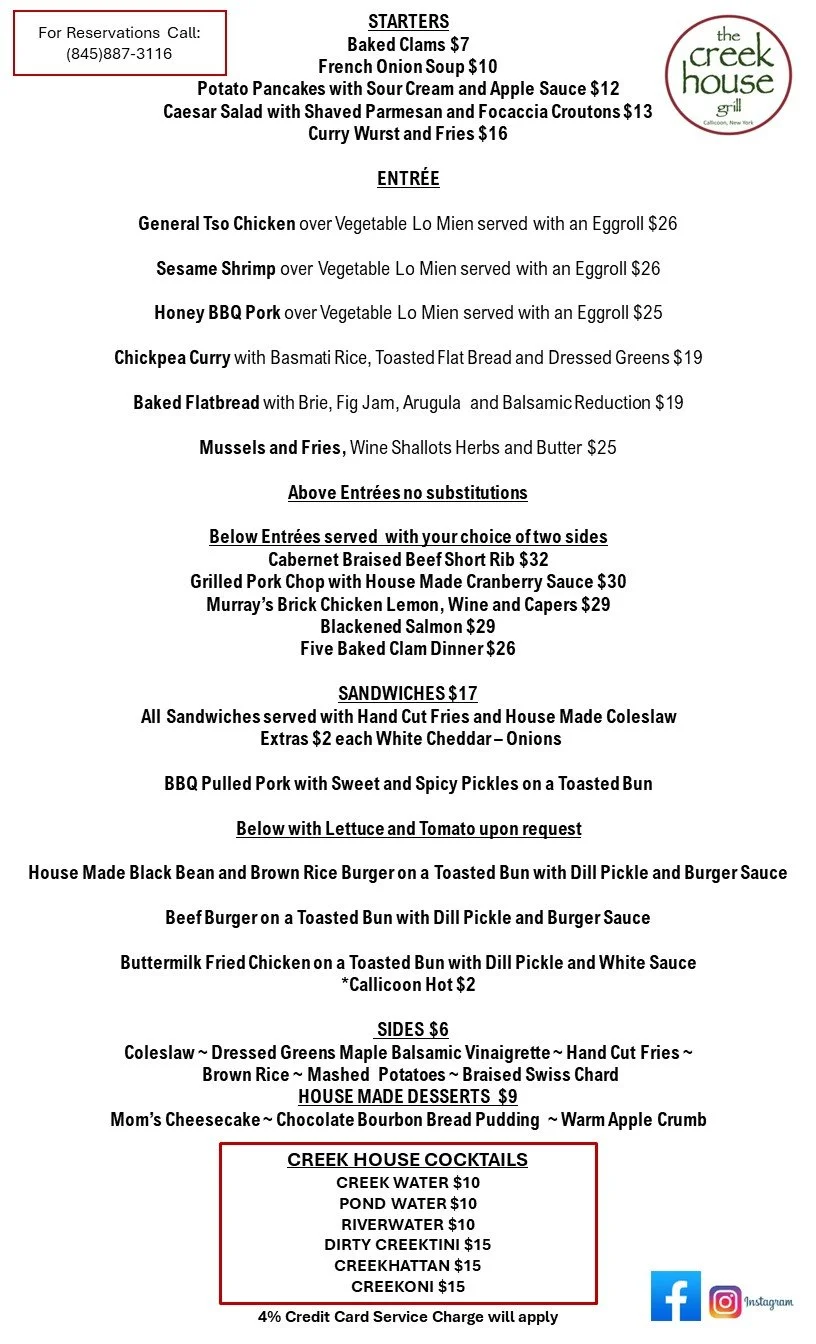 The Creek House Grill Menu — The Creek House Grill