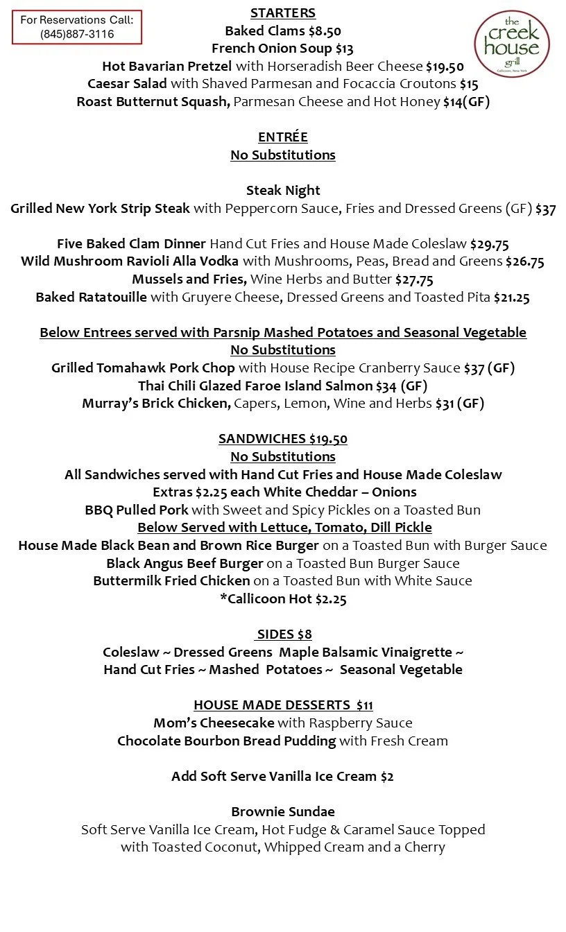 The Creek House Grill Menu — The Creek House Grill