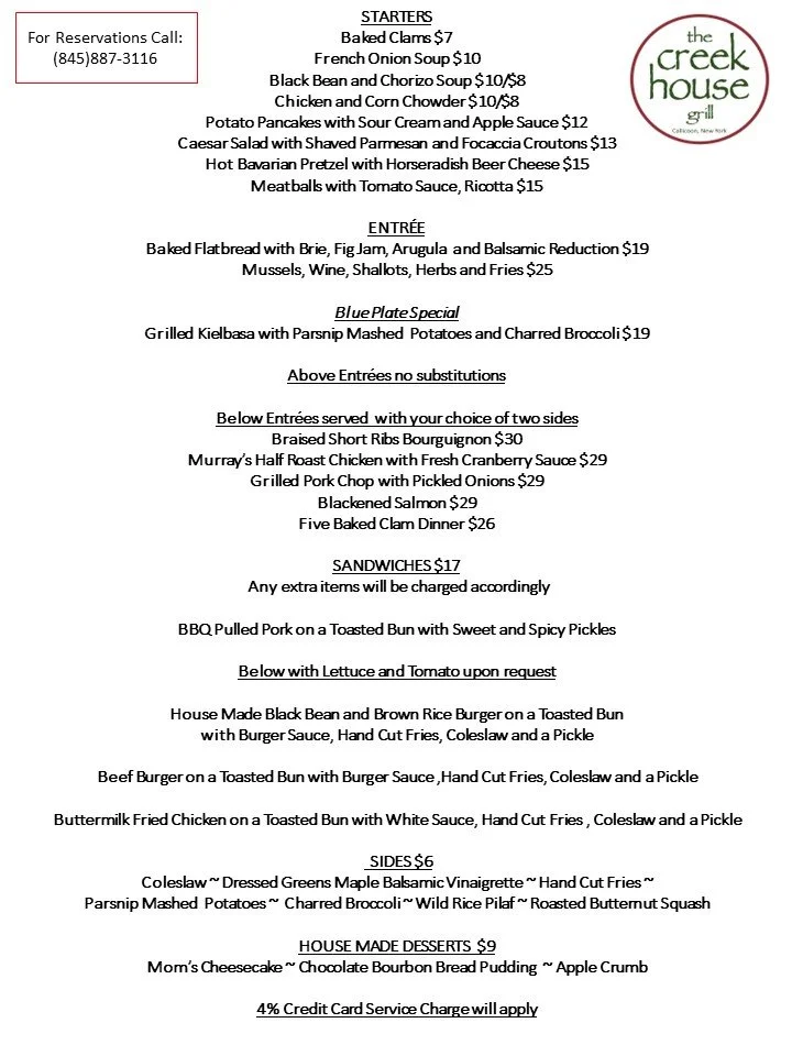The Creek House Grill Menu — The Creek House Grill