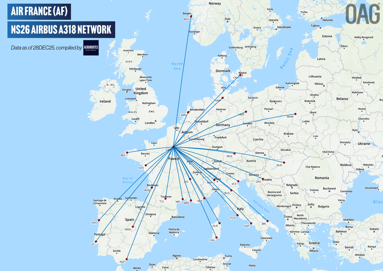 Air France NS26 Airbus A318 Route Map – 28DEC25 — AeroRoutes