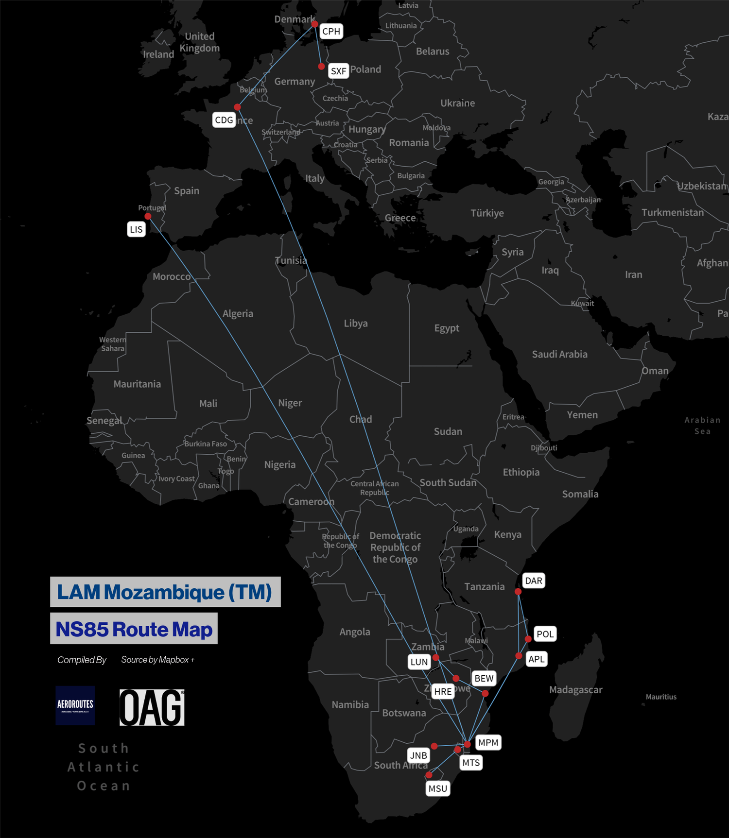 Route Map: LAM Mozambique NS85 International Network — AeroRoutes