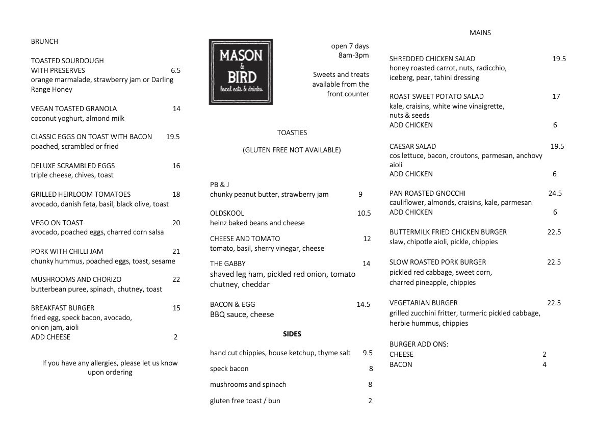 Menu — Mason & Bird