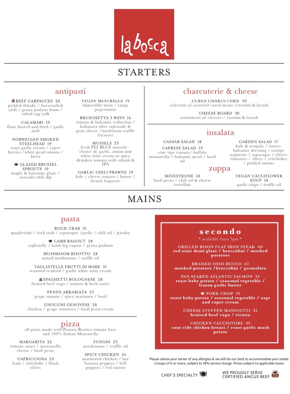 Menus — Labocca Restaurant