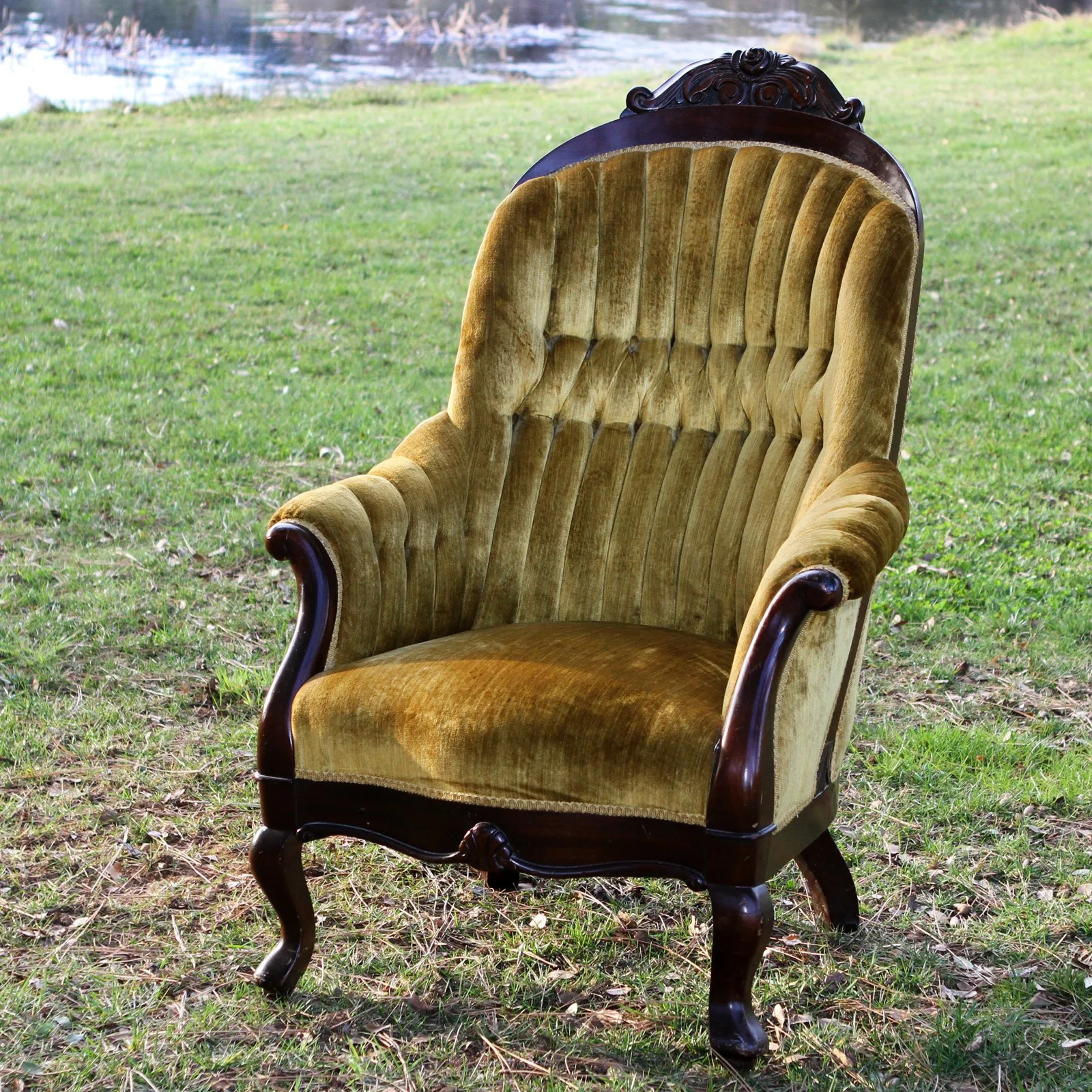Gustav-Deep Gold Wood Trimmed Stuffed Chair — BARNSWALLOW