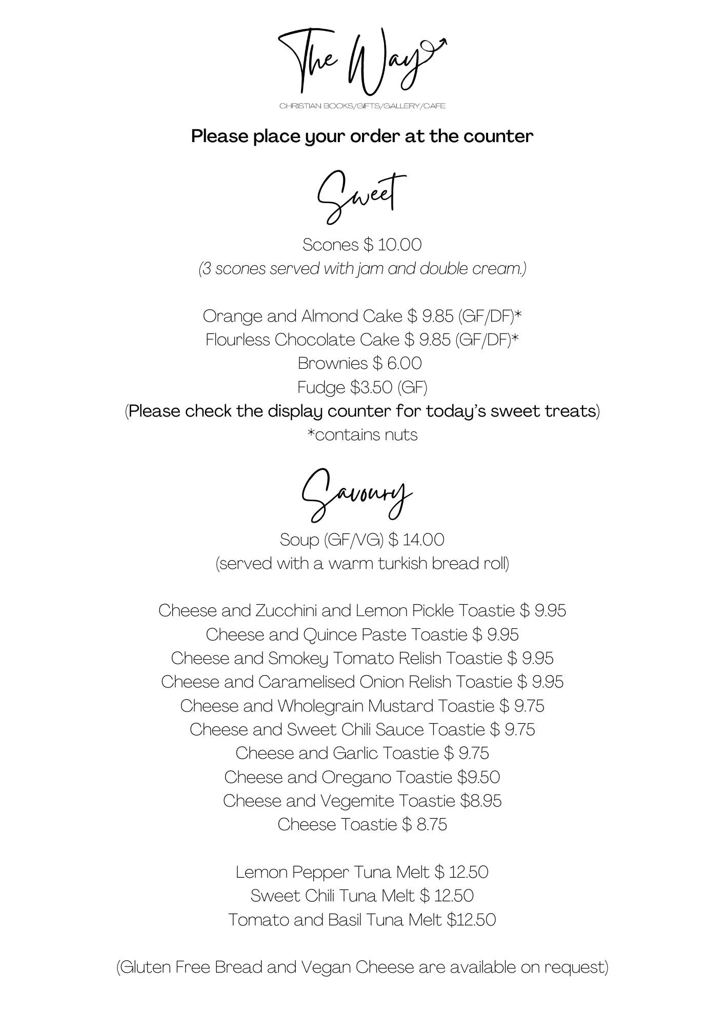 Food & Drink Menu. The Way - Christian Books/Gifts/Gallery/Cafe ...