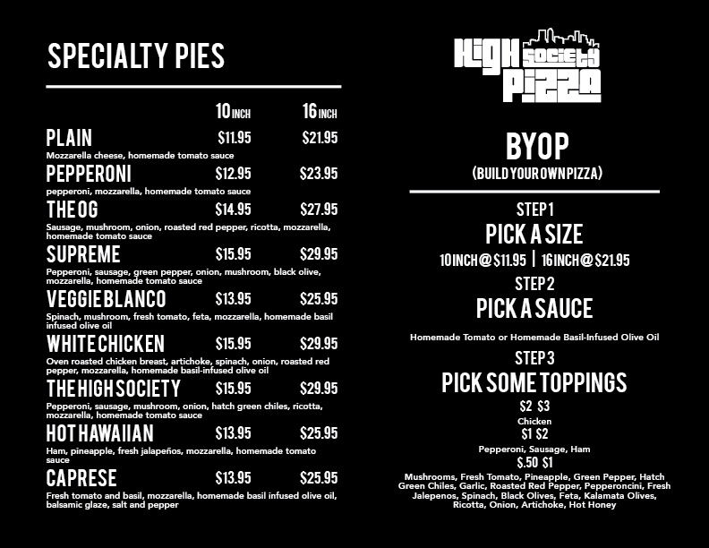 Menu — High Society Pizza