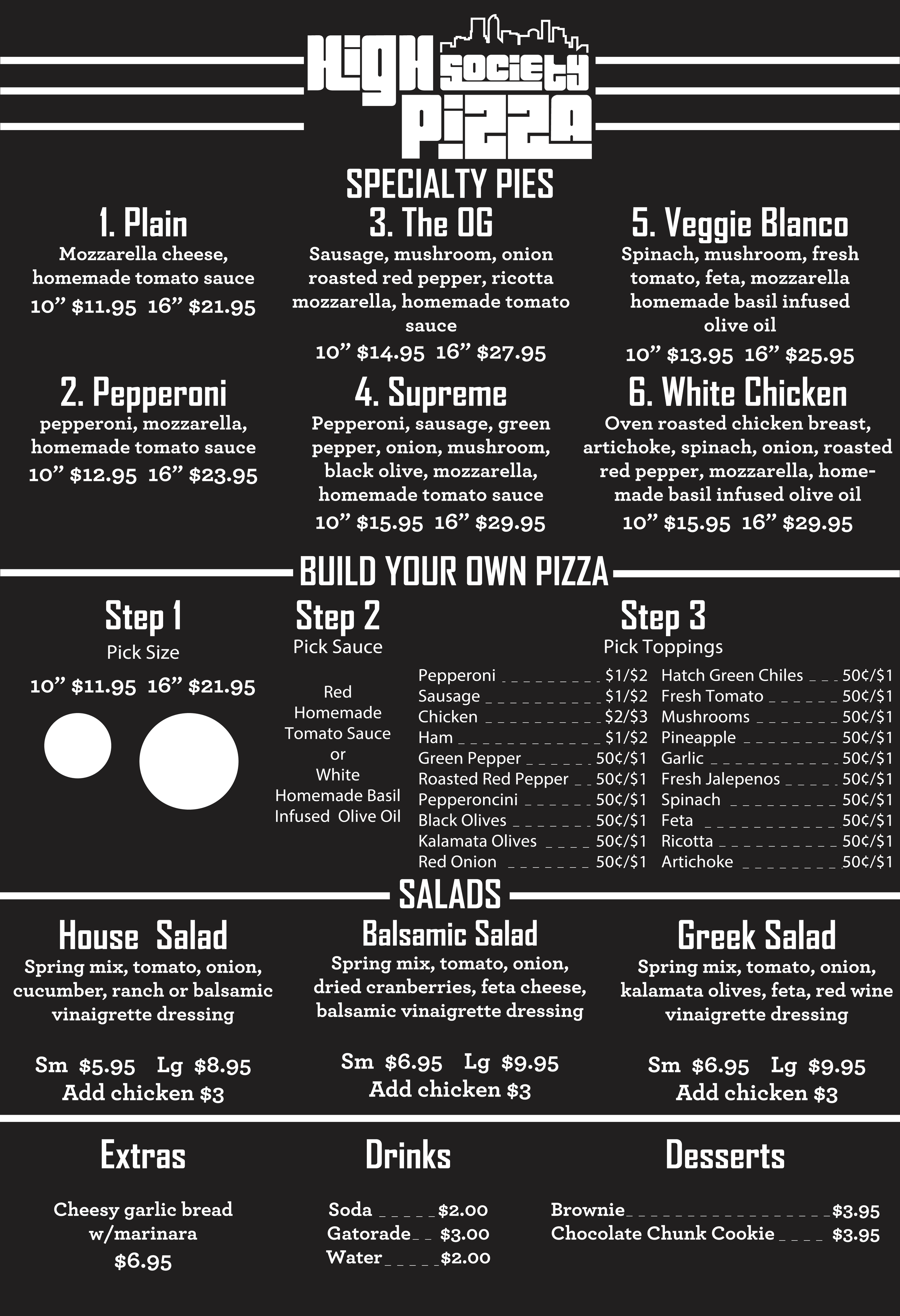 Menu — High Society Pizza