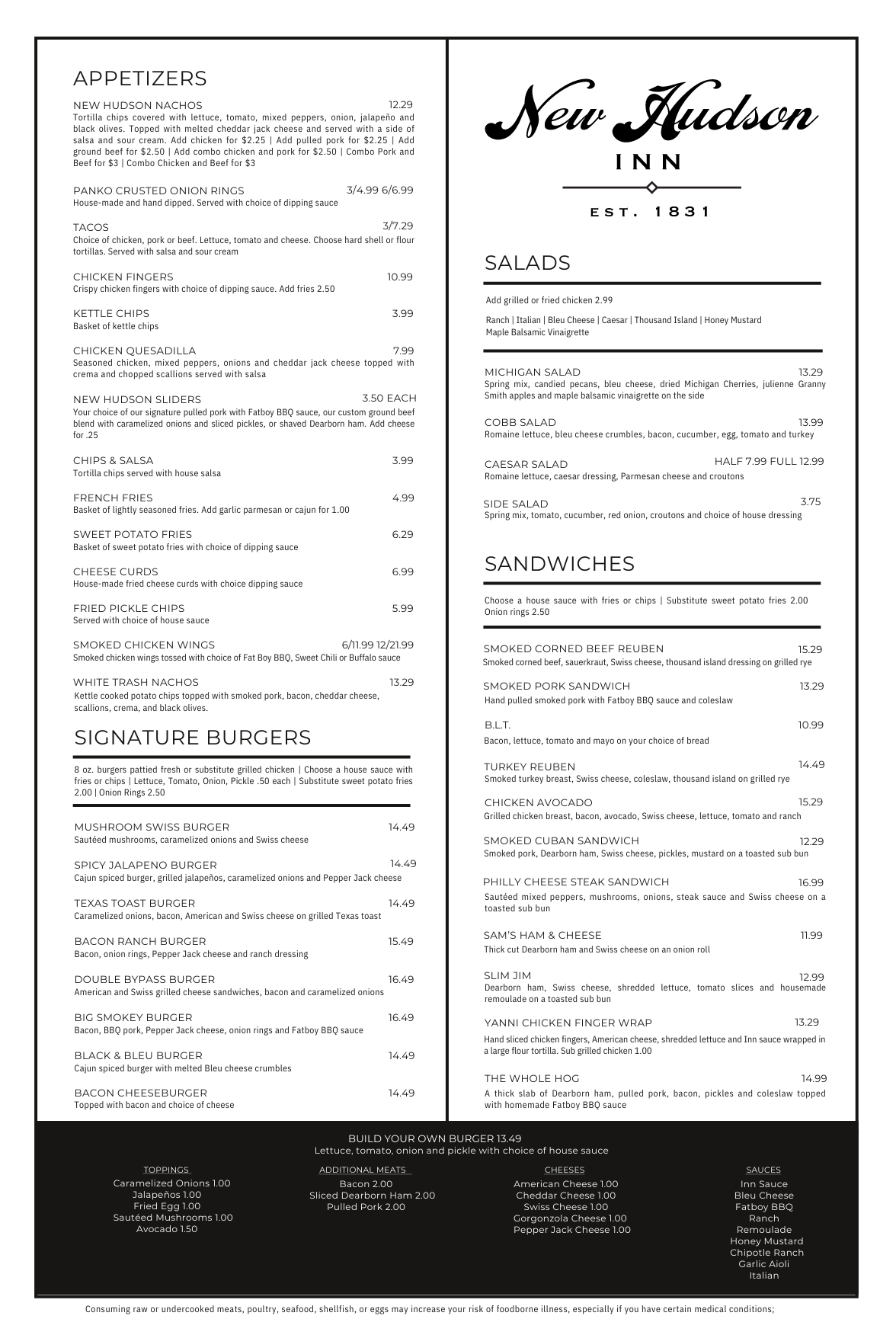 Menu — NEW HUDSON INN