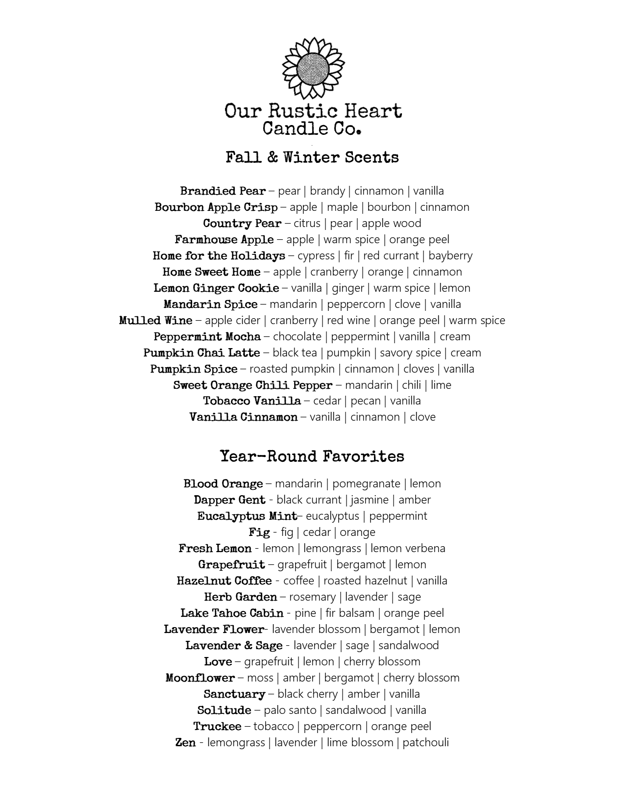 Candle Scents — Our Rustic Heart Candle Co.